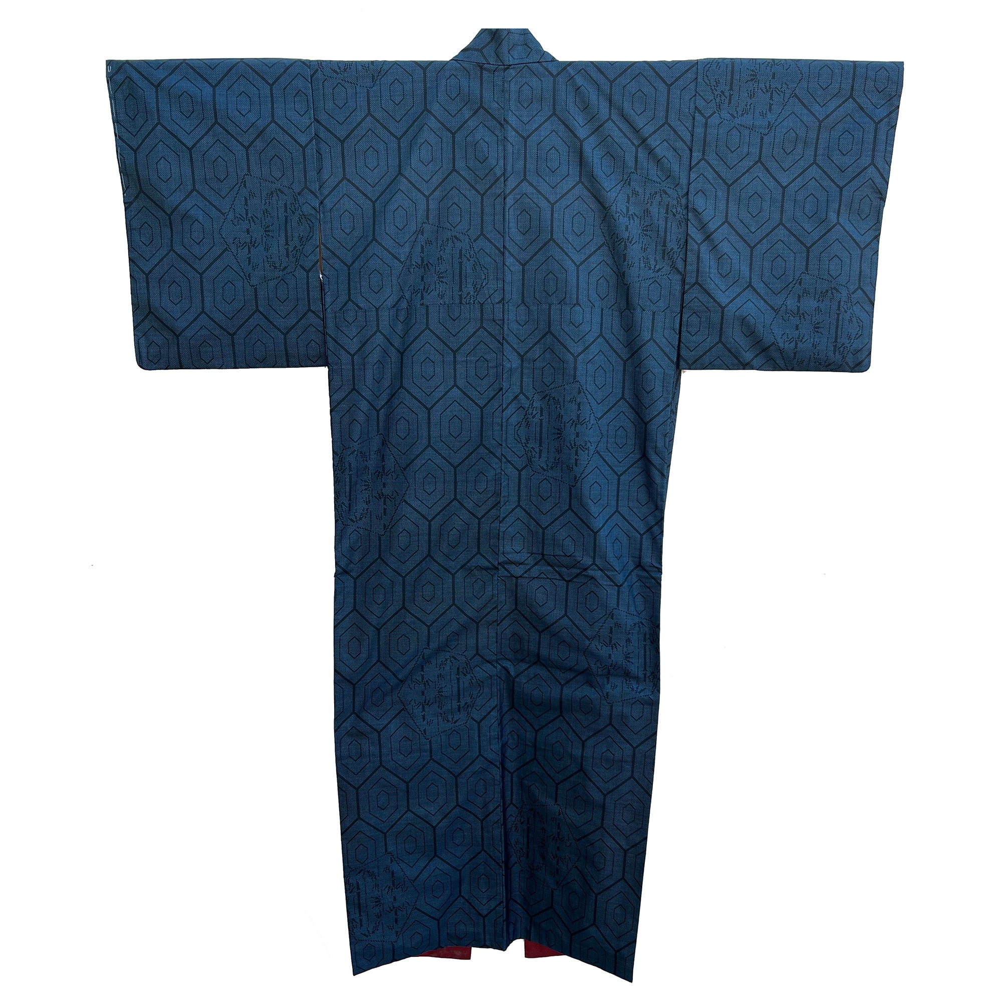 Blue and black oshima tsumugi silk kimono with kikko and bamboo pattern ...