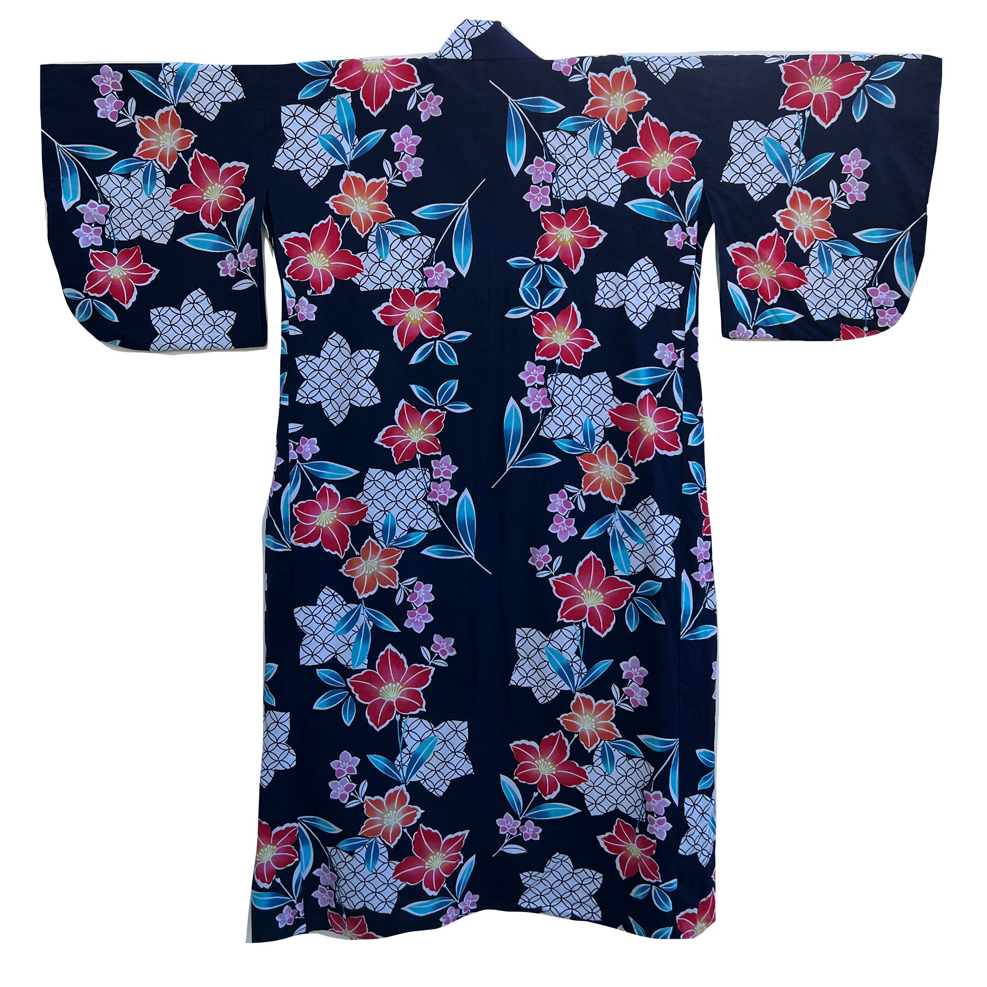 Deep navy cotton yukata with bright flowers and shippo tsunagi motifs ...