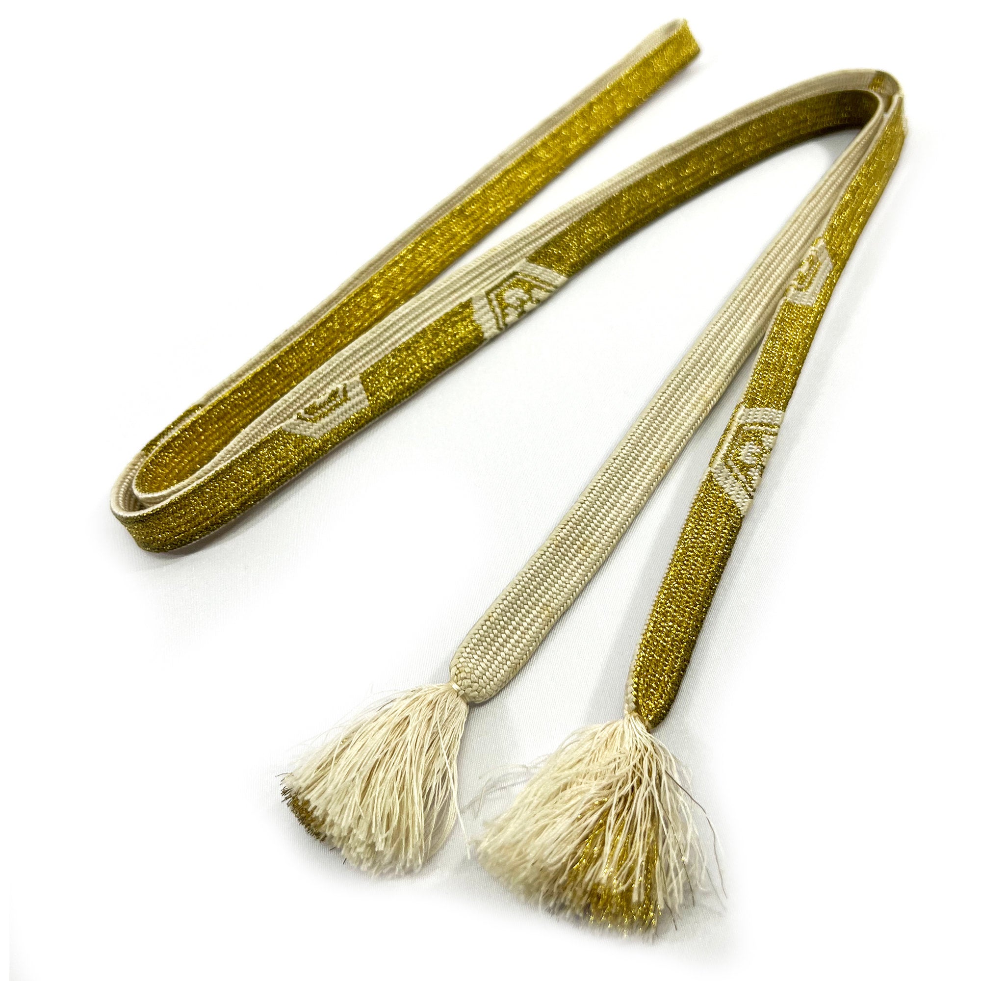 Cream and gold silk obijime with woven kikko pattern | BORO BORO