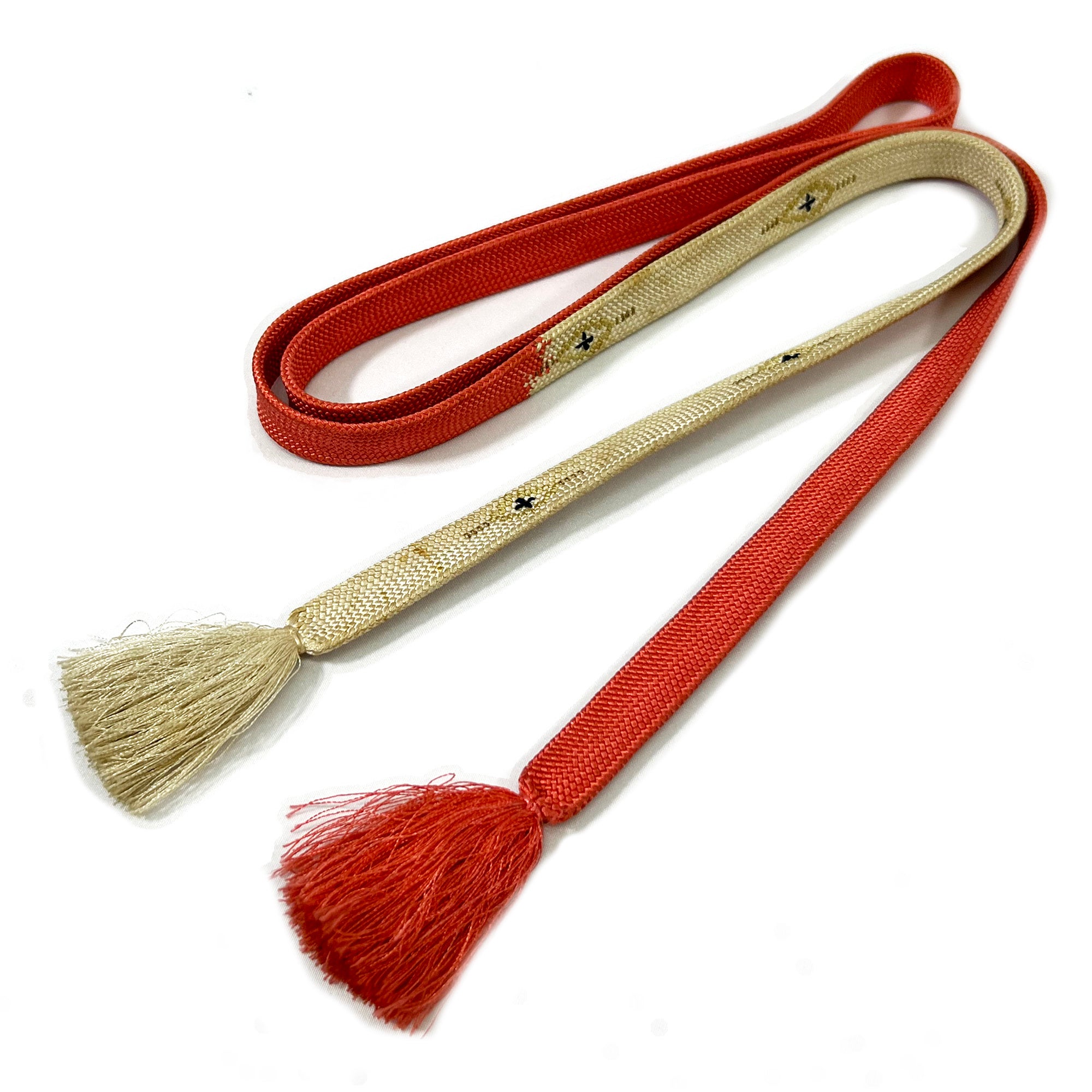 Coral and cream silk obijime with woven cross and diamond pattern ...