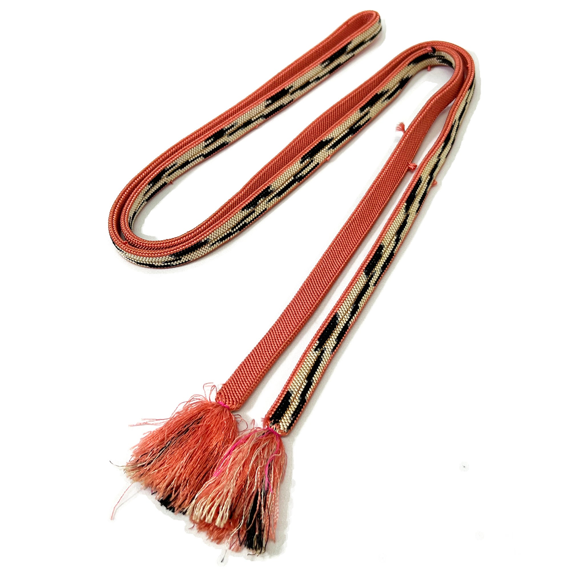 Coral silk obijime with black and white ikat pattern and gold stripe ...