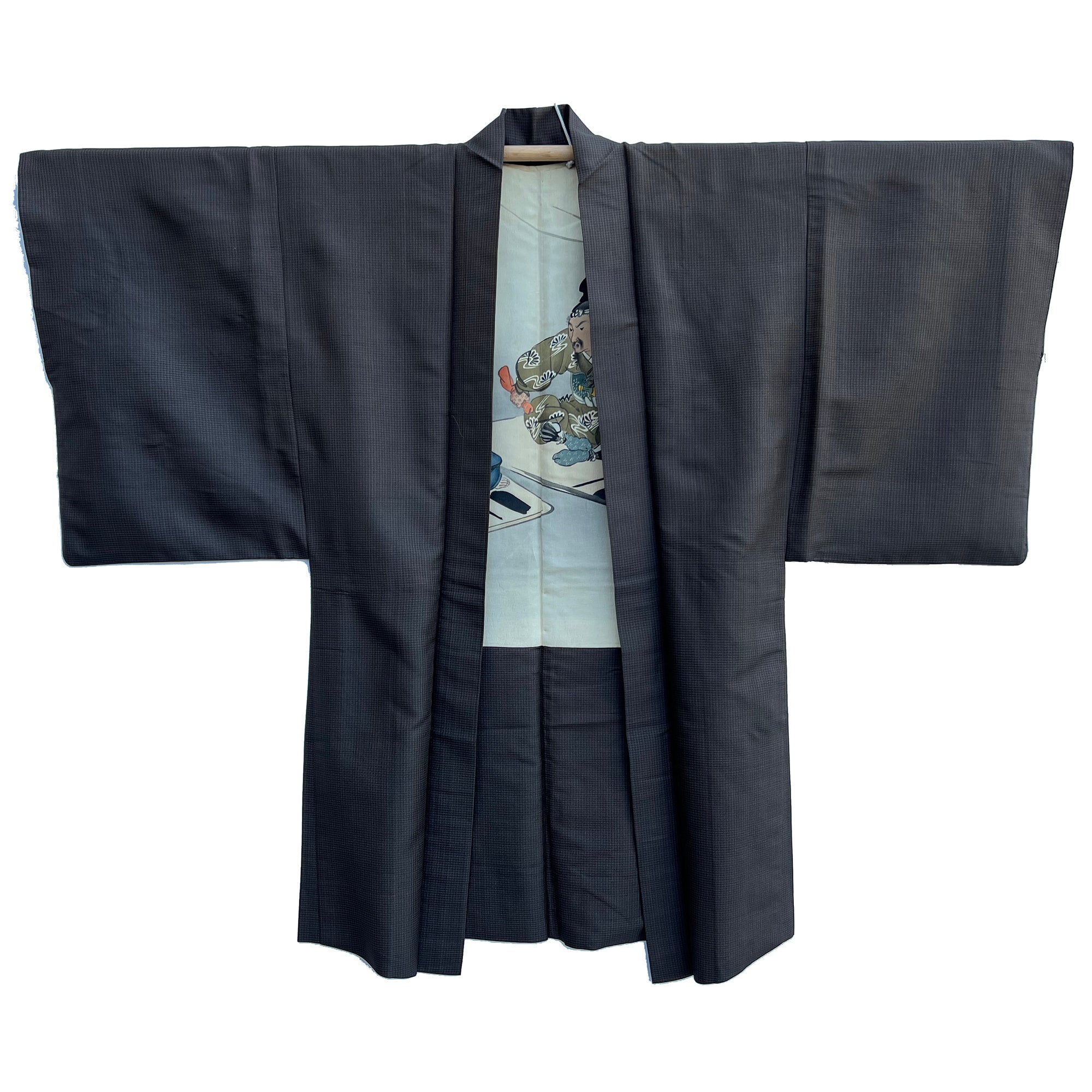 Dark brown and black fine plaid silk mens haori with hand painted ...