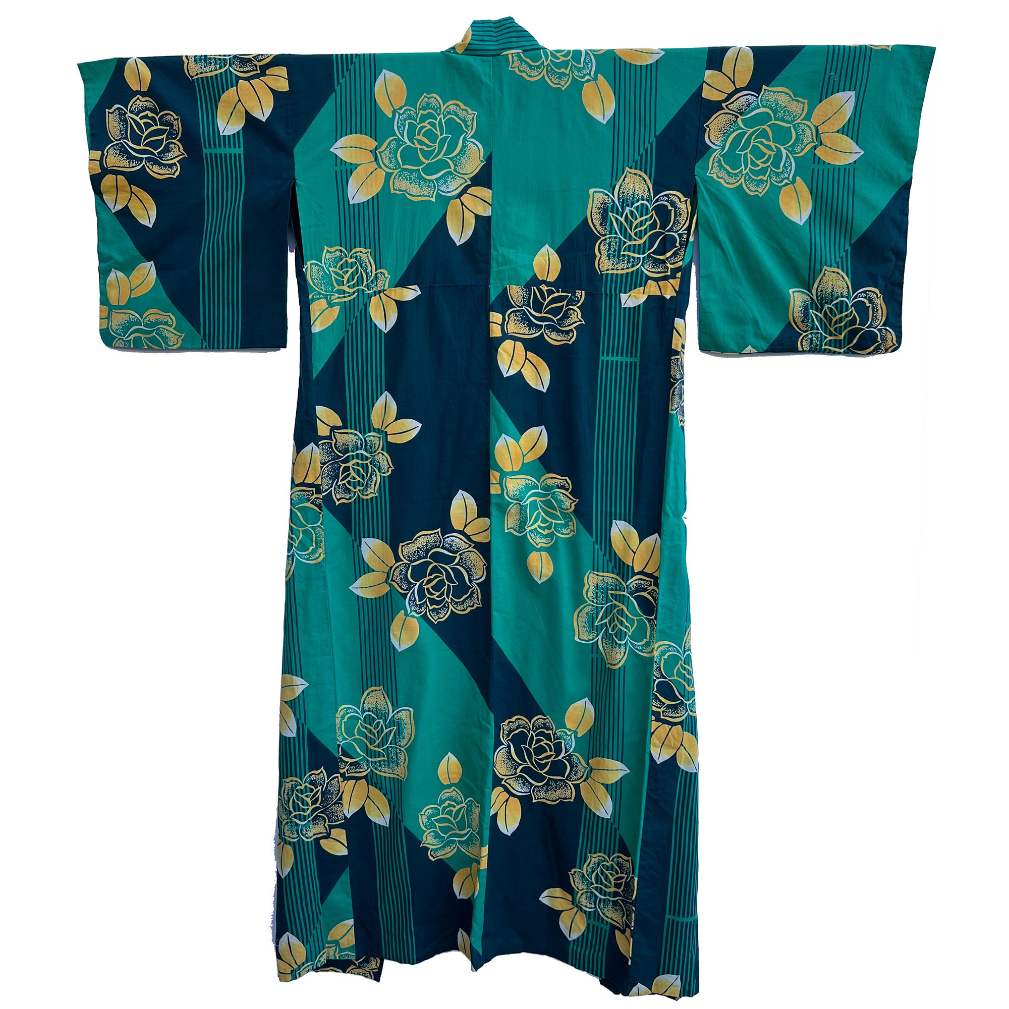 Kelly green striped cotton yukata with yellow rose pattern | BORO BORO
