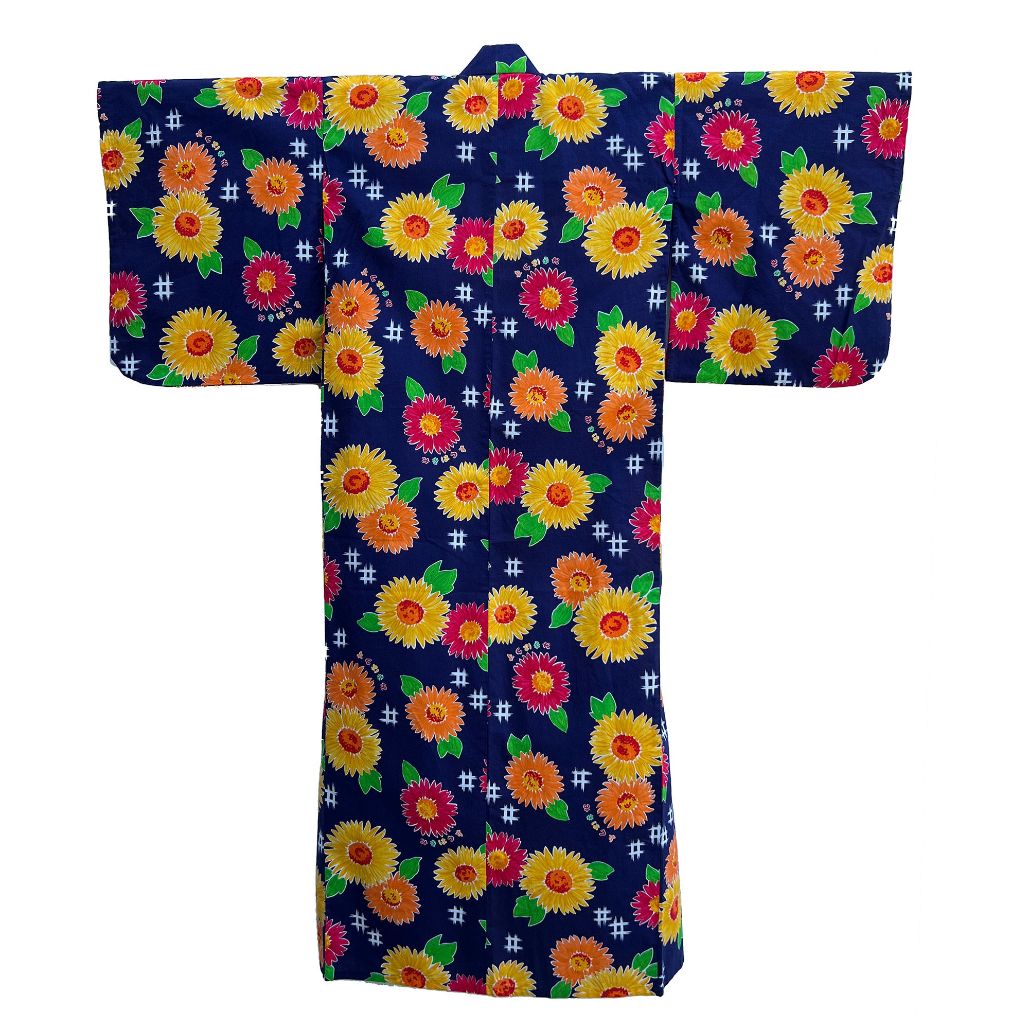 Navy blue cotton yukata with multicolor sunflower and igeta motifs ...