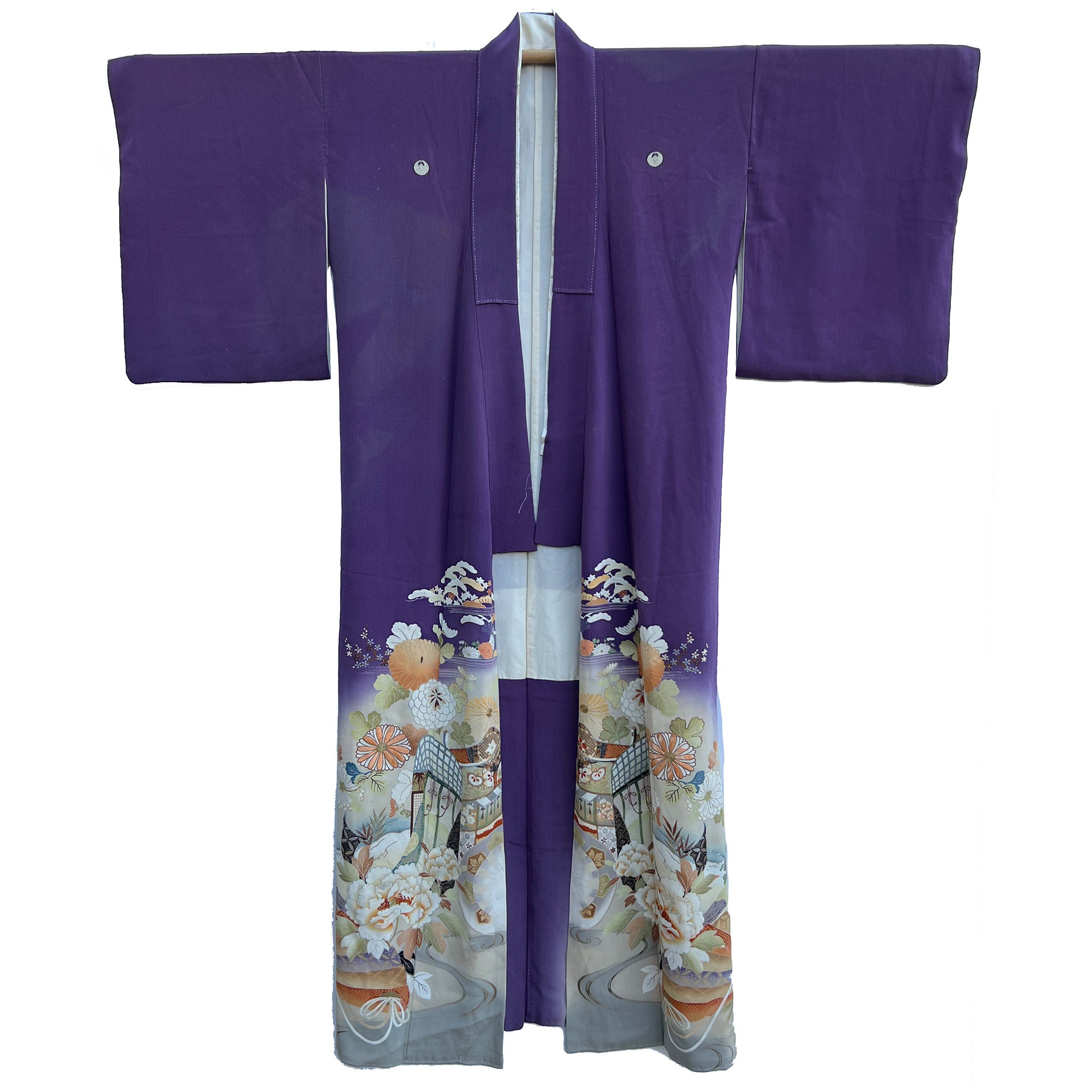 Antique muted purple irotomesode with yuzen dyed flowers, Heian carts ...