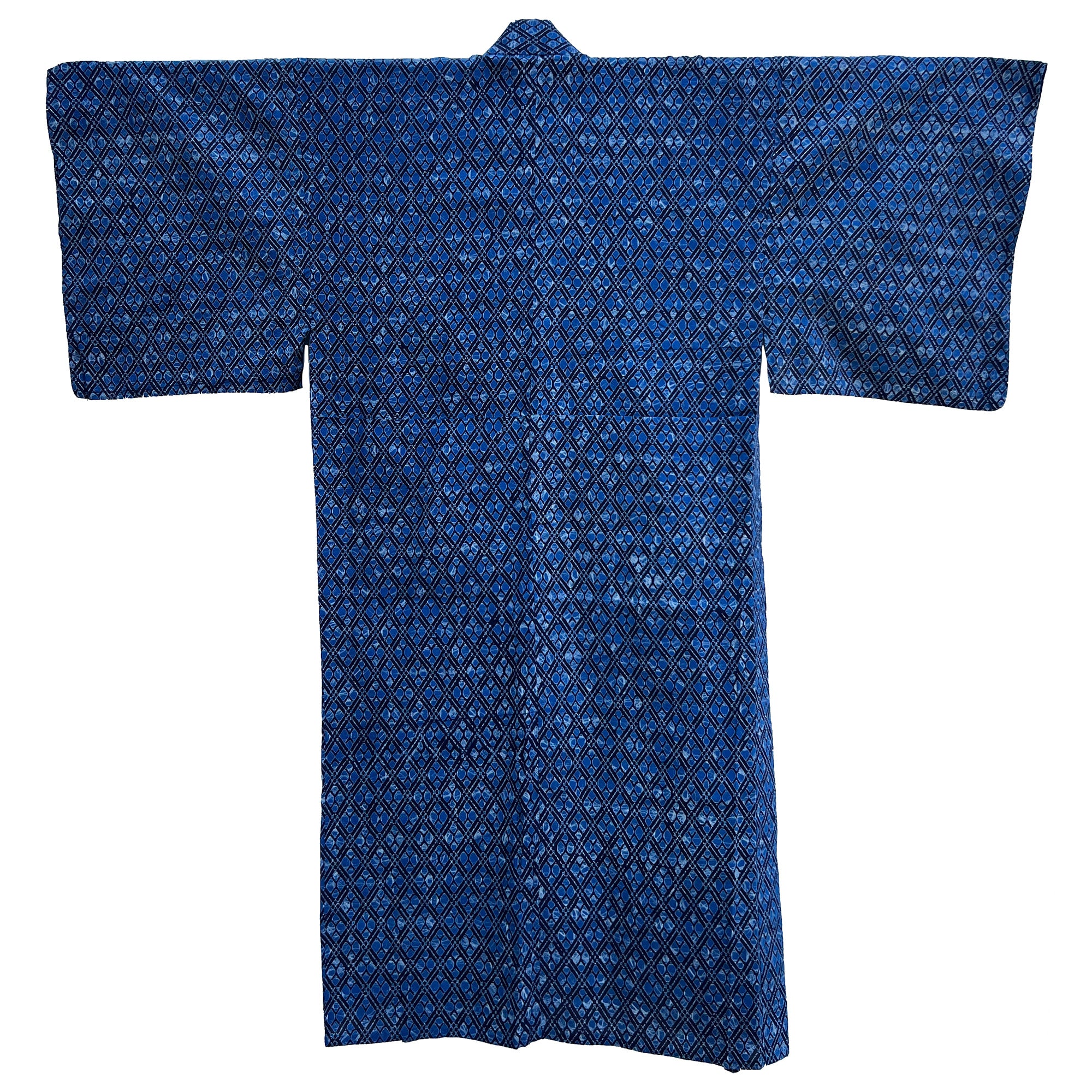 Royal blue and navy mens yukata with diamond pattern and faux shibori ...