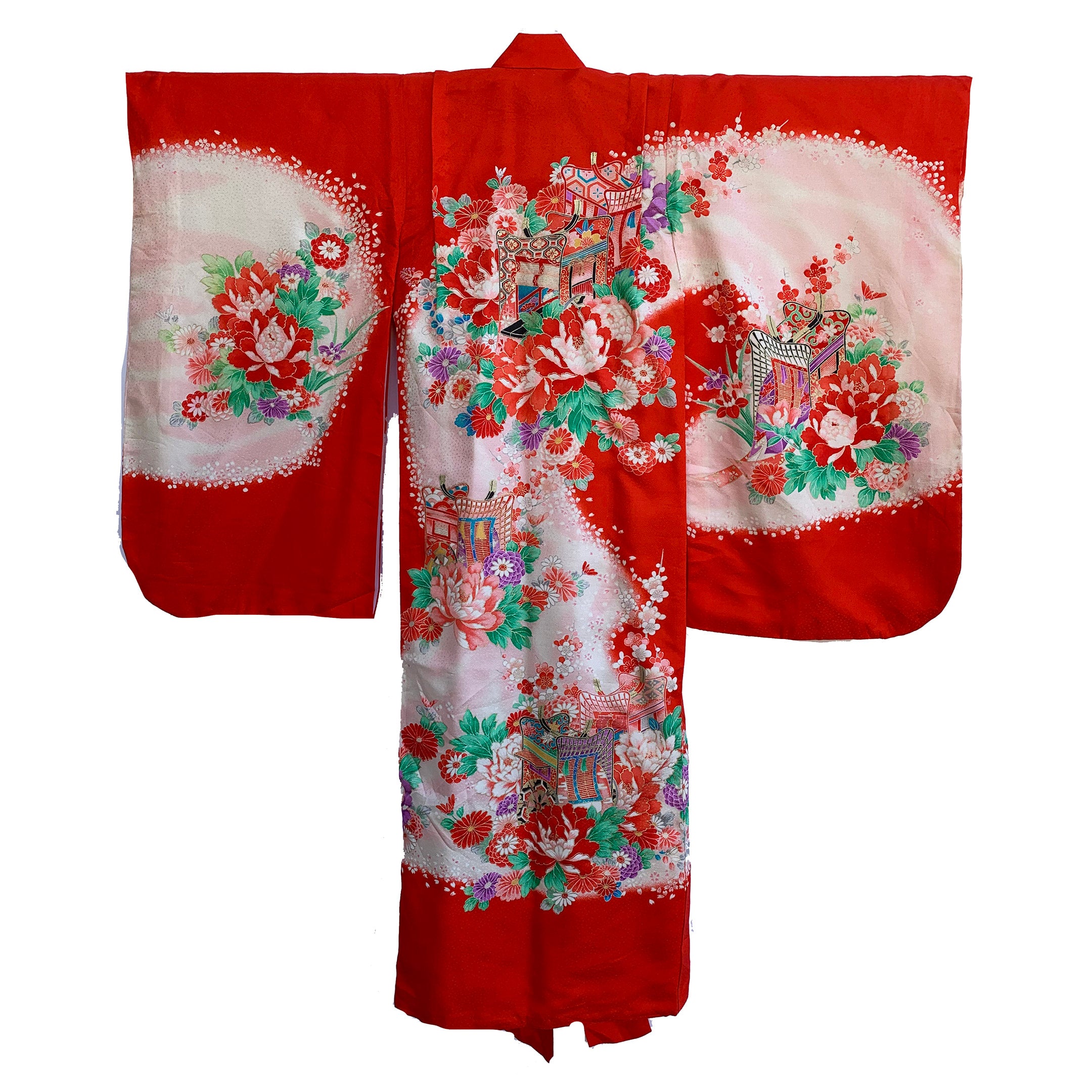 Red and cream silk girls kimono with pattern of floral carts, peonies ...