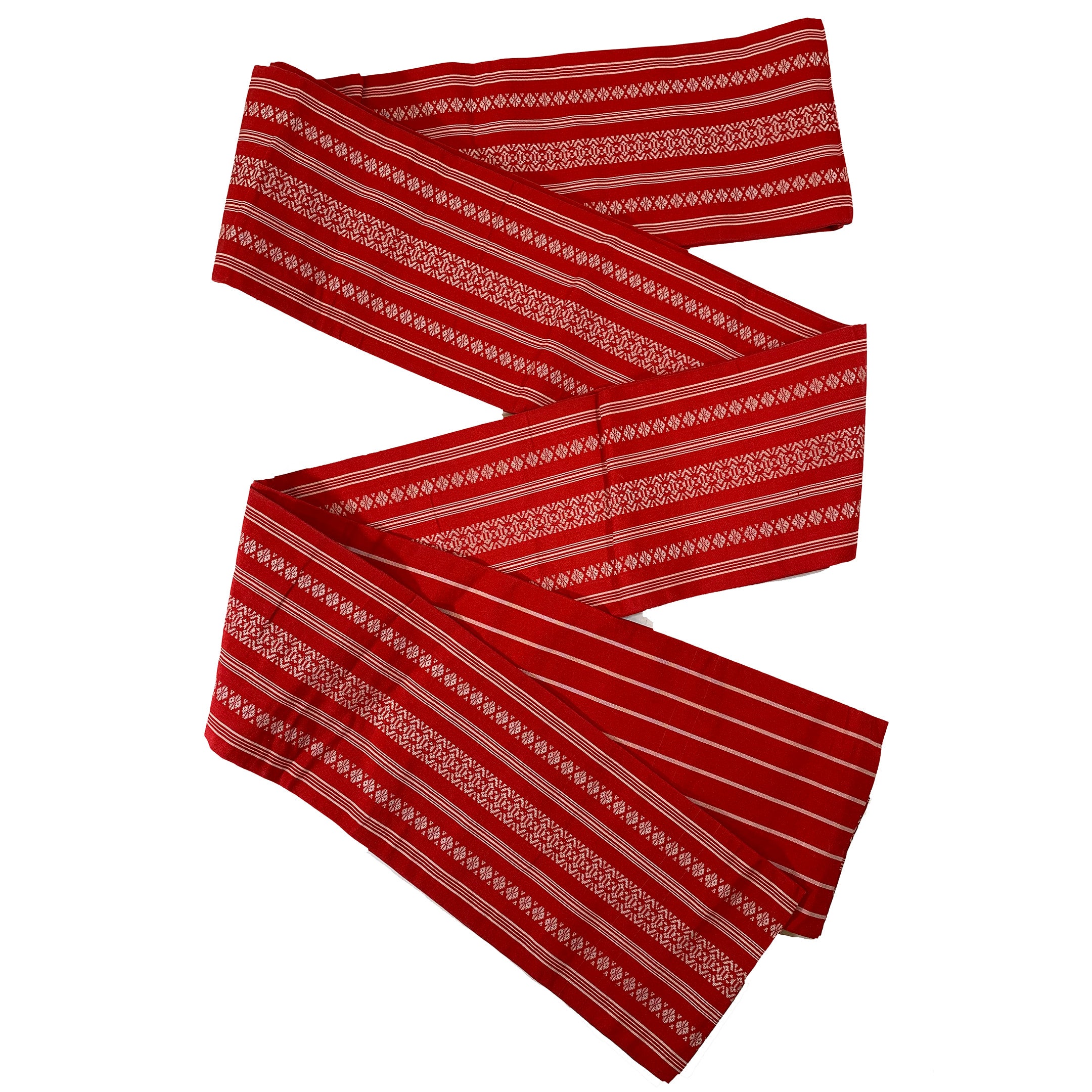Reversible red silk hakata ori hanhaba obi with stripes | BORO BORO