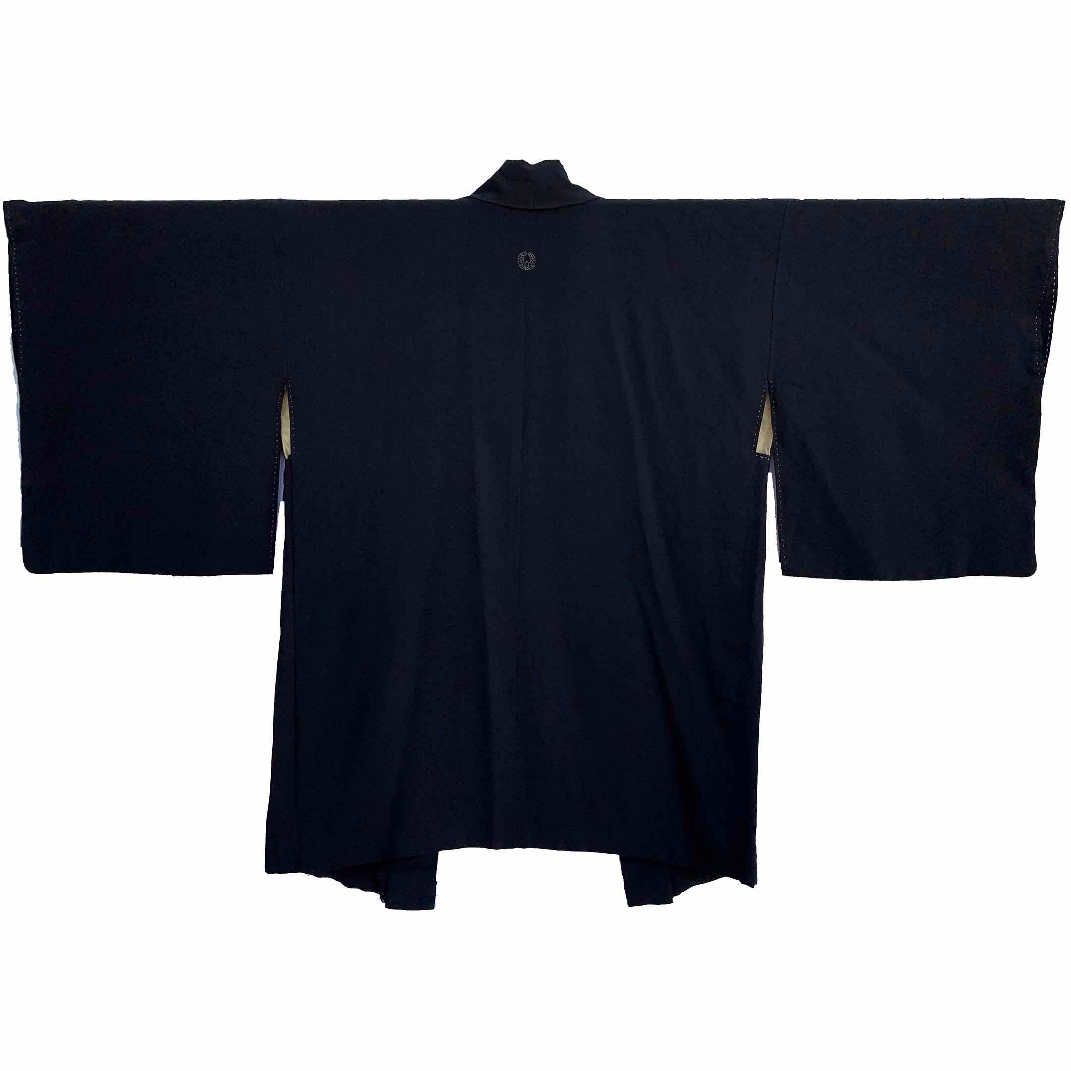 Plain black silk crepe haori with one embroidered family crest in white ...