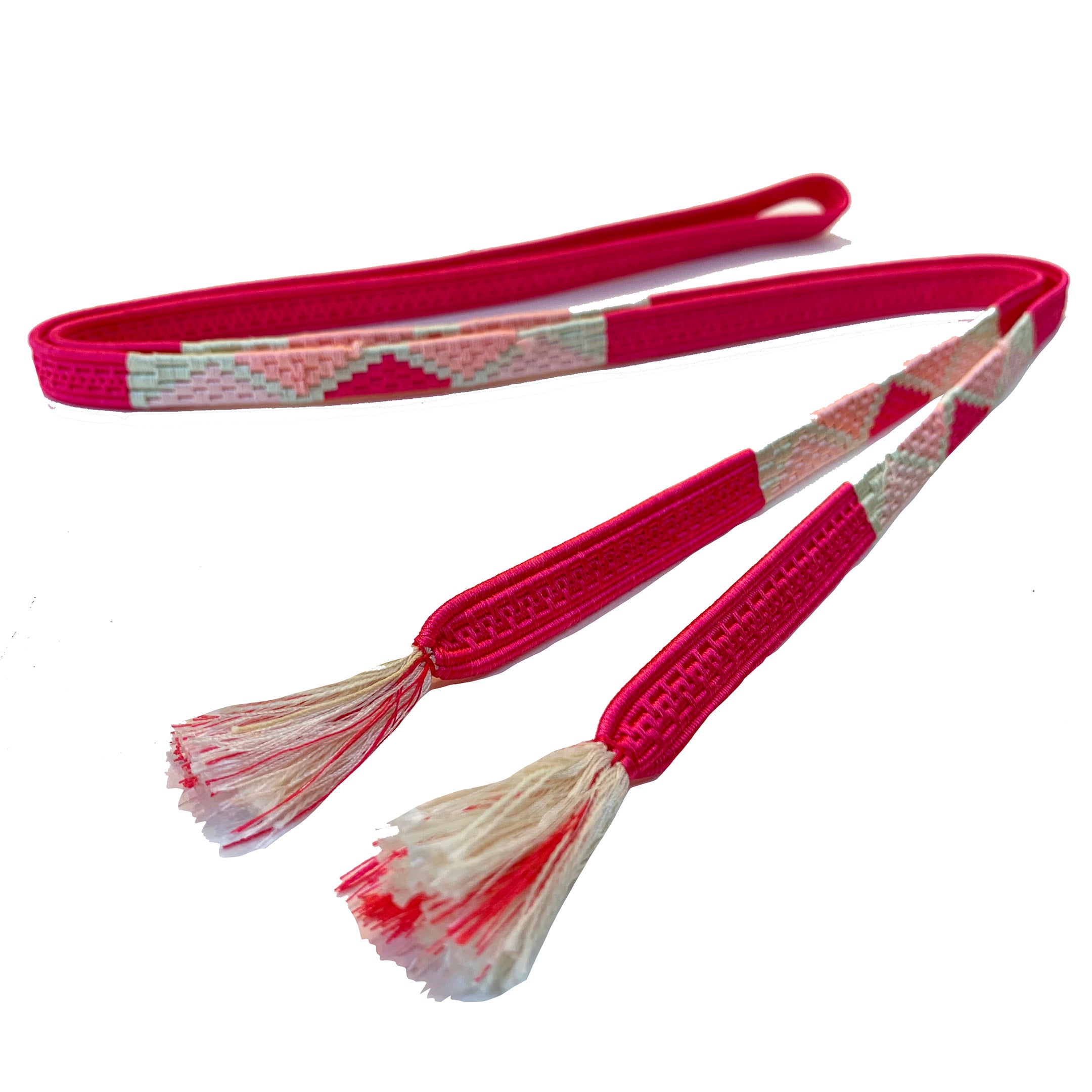 Hot pink and white silk obijime with triangle motifs | BORO BORO