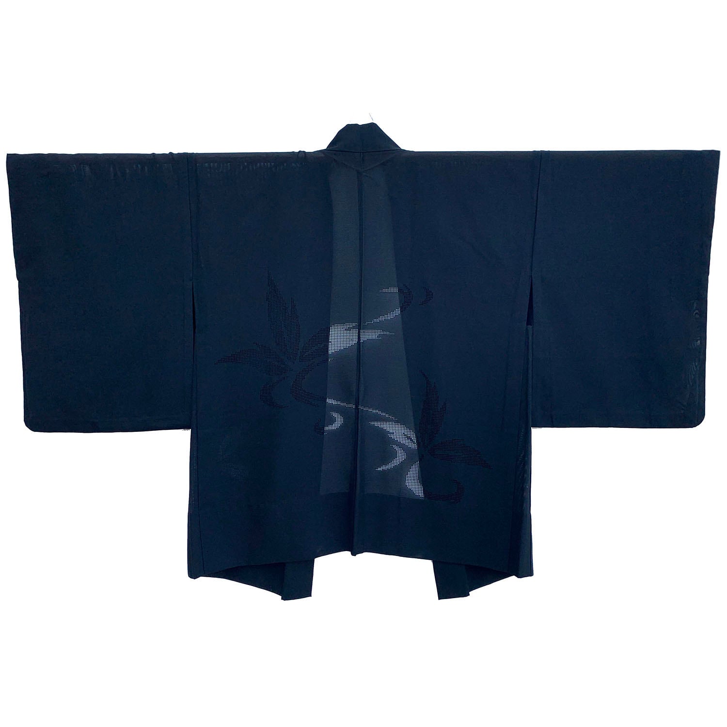 Black ro silk summer haori with open weave leaf and water pattern ...